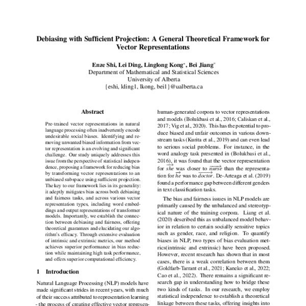 Debiasing with Sufficient Projection: A General Theoretical Framework for Vector Representations ...