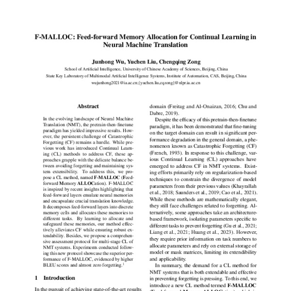 F-MALLOC: Feed-forward Memory Allocation for Continual Learning in Neural Machine Translation ...