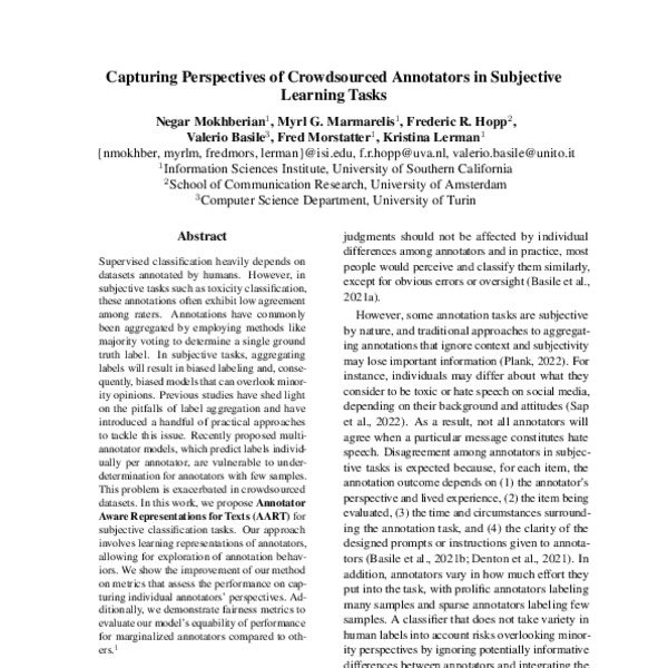 Capturing Perspectives of Crowdsourced Annotators in Subjective Learning Tasks - ACL Anthology