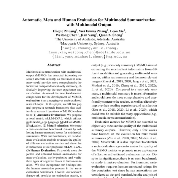 Automatic, Meta and Human Evaluation for Multimodal Summarization with Multimodal Output - ACL ...