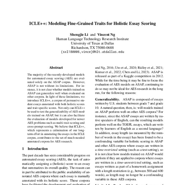 ICLE++: Modeling Fine-Grained Traits for Holistic Essay Scoring - ACL ...