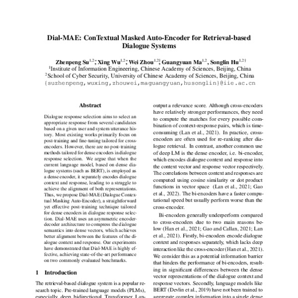 Dial-MAE: ConTextual Masked Auto-Encoder for Retrieval-based Dialogue Systems - ACL Anthology