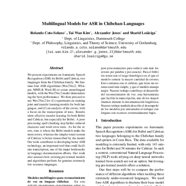 Multilingual Models for ASR in Chibchan Languages - ACL Anthology