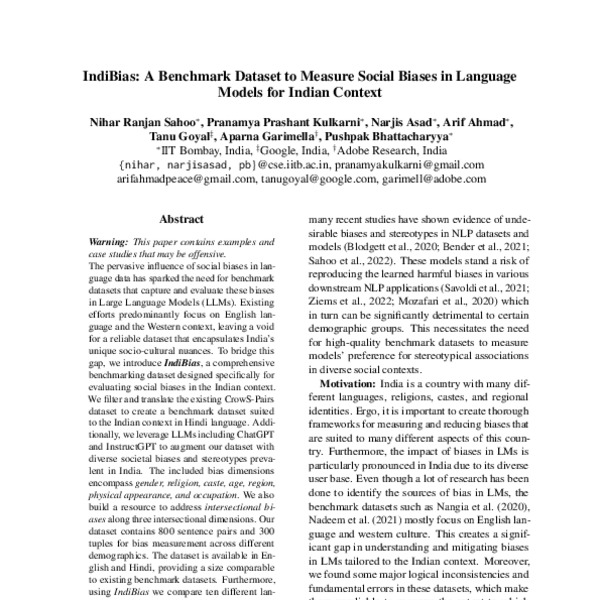 IndiBias: A Benchmark Dataset to Measure Social Biases in Language ...