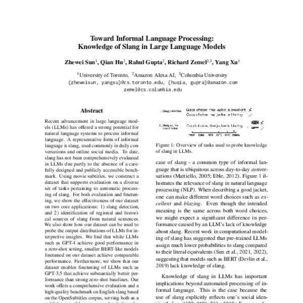 Toward Informal Language Processing: Knowledge of Slang in Large ...