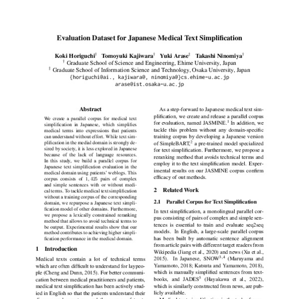 Evaluation Dataset for Japanese Medical Text Simplification - ACL Anthology