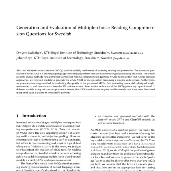 Generation And Evaluation Of Multiple Choice Reading Comprehension Questions For Swedish Acl