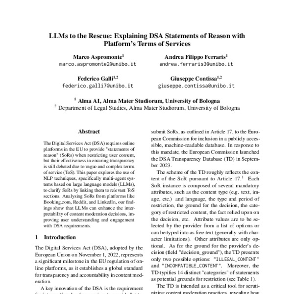 LLMs to the Rescue: Explaining DSA Statements of Reason with Platform’s Terms of Services - ACL ...
