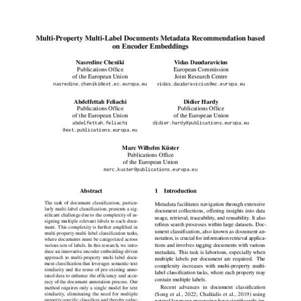 Multi Property Multi Label Documents Metadata Recommendation Based On Encoder Embeddings Acl