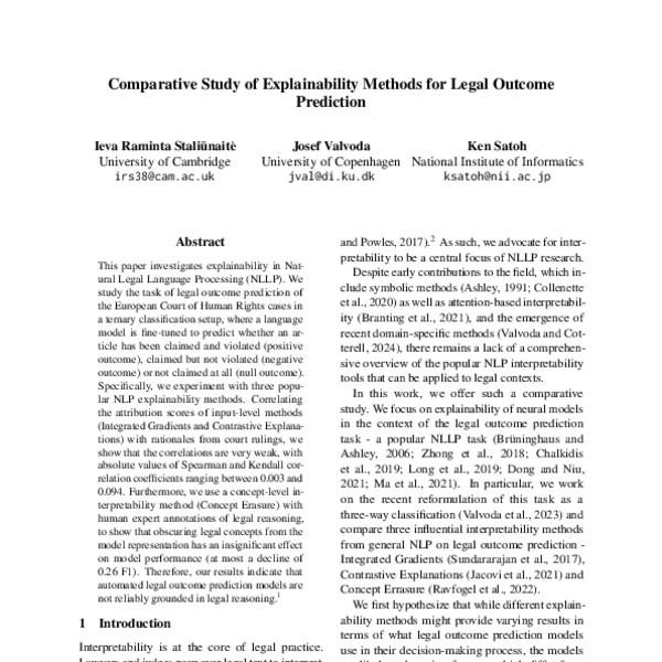 Comparative Study of Explainability Methods for Legal Outcome Prediction - ACL Anthology
