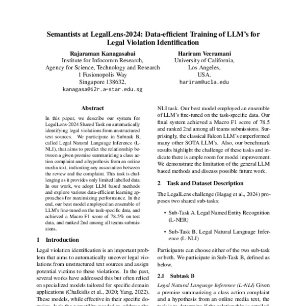 Semantists at LegalLens-2024: Data-efficient Training of LLM’s for Legal Violation ...