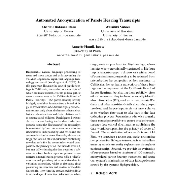 Automated Anonymization of Parole Hearing Transcripts - ACL Anthology