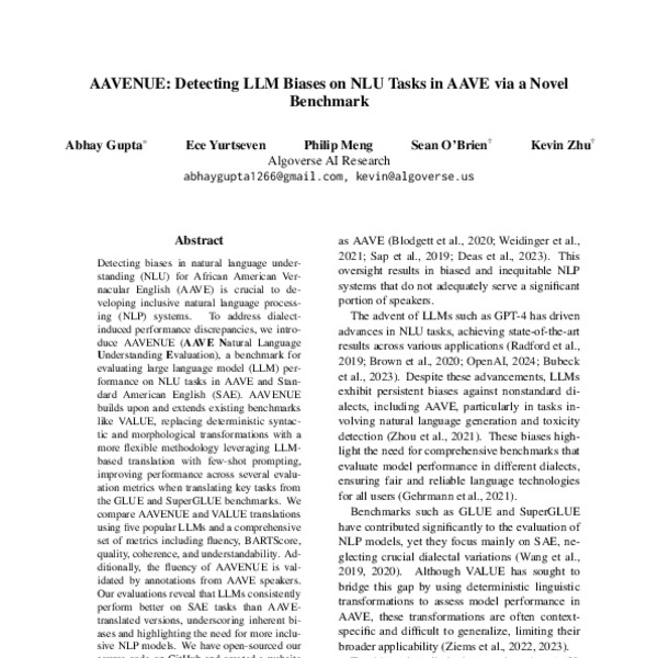 AAVENUE: Detecting LLM Biases on NLU Tasks in AAVE via a Novel ...
