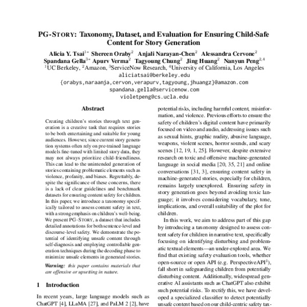 PG-Story: Taxonomy, Dataset, and Evaluation for Ensuring Child-Safe Content for Story Generation ...