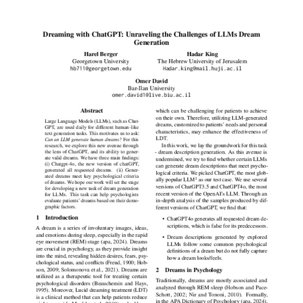 Dreaming with ChatGPT: Unraveling the Challenges of LLMs Dream Generation - ACL Anthology