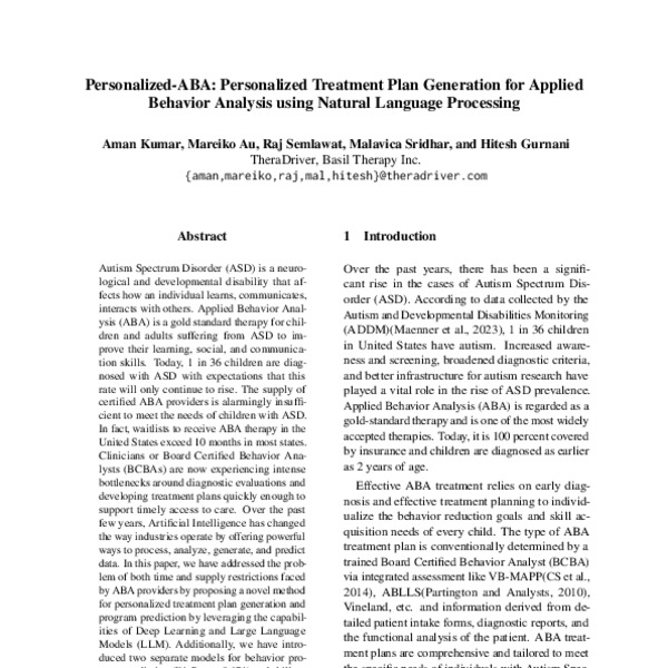 Personalized-ABA: Personalized Treatment Plan Generation for Applied Behavior Analysis using ...