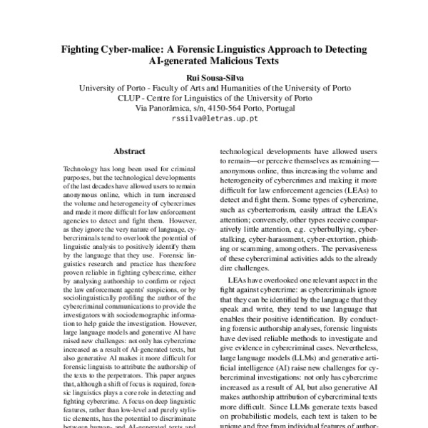 Fighting Cyber-malice: A Forensic Linguistics Approach to Detecting AI-generated Malicious Texts ...