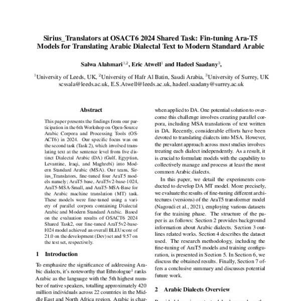 Siriustranslators At Osact6 2024 Shared Task Fin Tuning Ara T5 Models