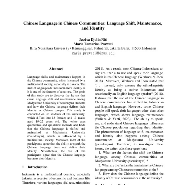Chinese Language in Chinese Communities at BINUS University: Language Shift, Maintenance, and ...