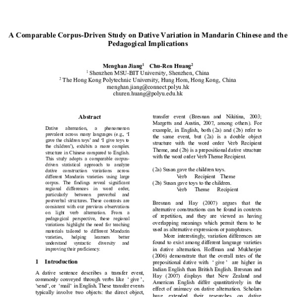 A Comparable Corpus-Driven Study on Dative Variation in Mandarin ...