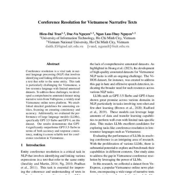 Coreference Resolution for Vietnamese Narrative Texts - ACL Anthology