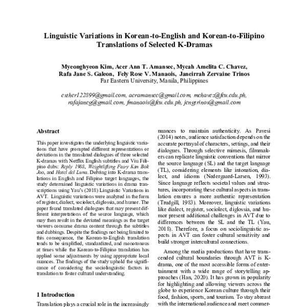 Linguistic Variations in Korean-to-English and Korean-to-Filipino Translations of Selected K ...