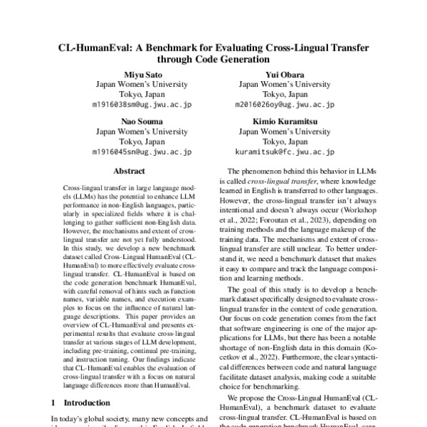 CL-HumanEval: A Benchmark for Evaluating Cross-lingual Transfer though ...