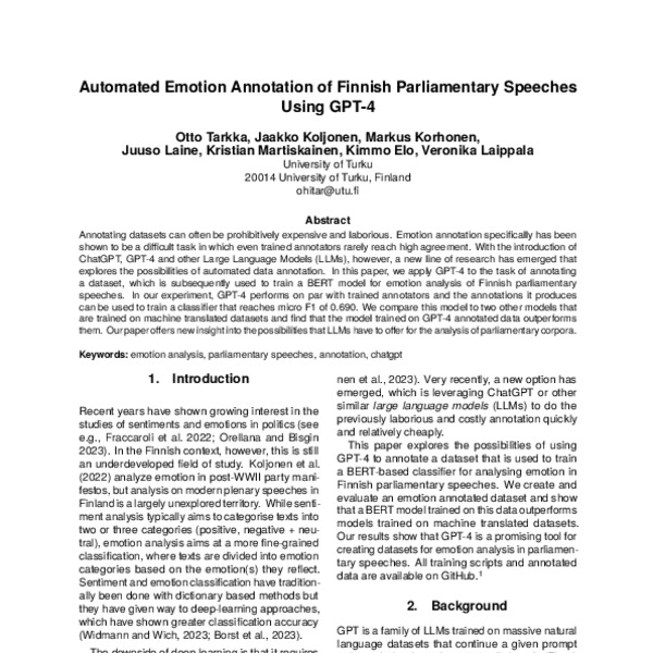 Automated Emotion Annotation of Finnish Parliamentary Speeches Using GPT-4 - ACL Anthology