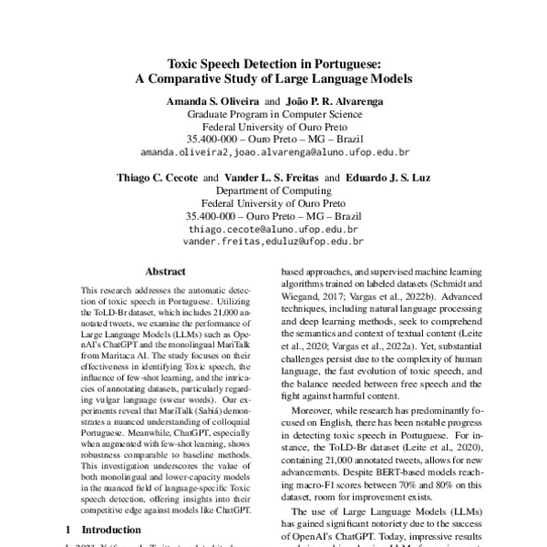 Toxic Speech Detection in Portuguese: A Comparative Study of Large ...