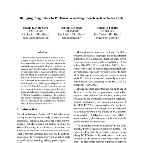 Bringing Pragmatics to Porttinari - Adding Speech Acts to News Texts - ACL Anthology