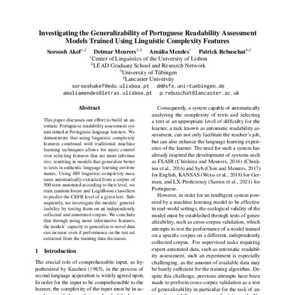 Investigating the Generalizability of Portuguese Readability Assessment Models Trained Using ...
