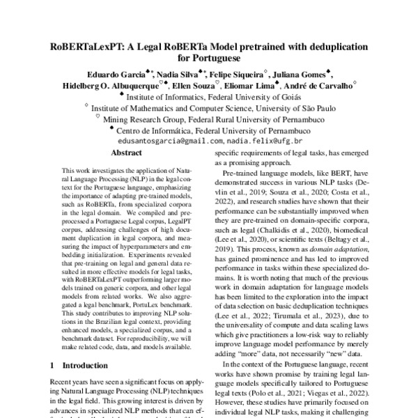 RoBERTaLexPT: A Legal RoBERTa Model pretrained with deduplication for ...