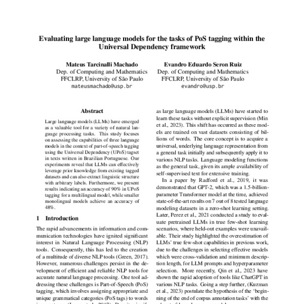 Evaluating Large Language Models For The Tasks Of Pos Tagging Within
