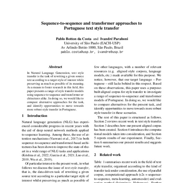 Sequence-to-sequence and transformer approaches to Portuguese text style transfer - ACL Anthology