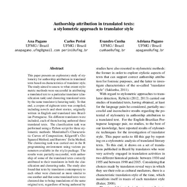 Authorship attribution in translated texts: a stylometric approach to translator style - ACL ...