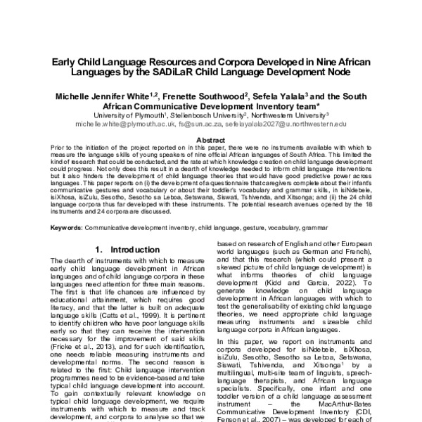 Early Child Language Resources and Corpora Developed in Nine African Languages by the SADiLaR ...