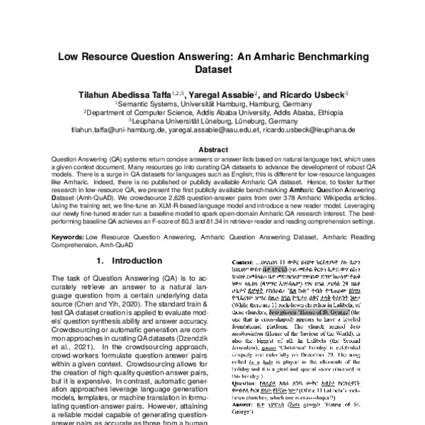Low Resource Question Answering: An Amharic Benchmarking Dataset - ACL Anthology
