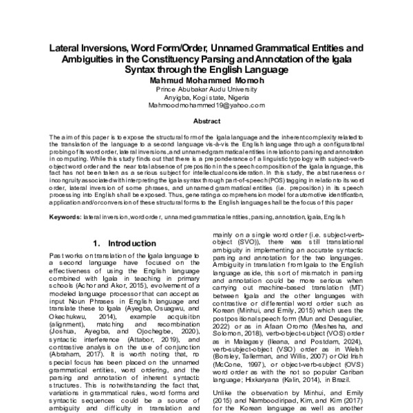 Lateral Inversions, Word Form/Order, Unnamed Grammatical Entities and Ambiguities in the ...