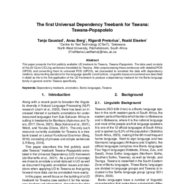 The First Universal Dependency Treebank for Tswana: Tswana-Popapolelo - ACL Anthology