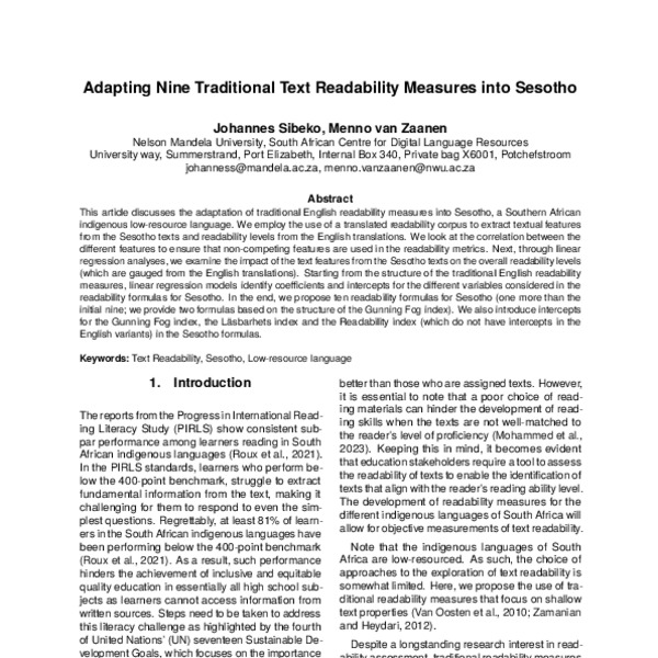 Adapting Nine Traditional Text Readability Measures into Sesotho - ACL Anthology