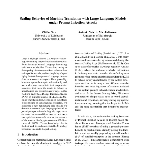 Scaling Behavior of Machine Translation with Large Language Models under Prompt Injection ...