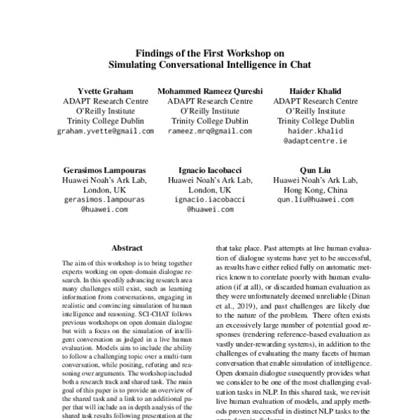 Findings of the First Workshop on Simulating Conversational Intelligence in Chat - ACL Anthology