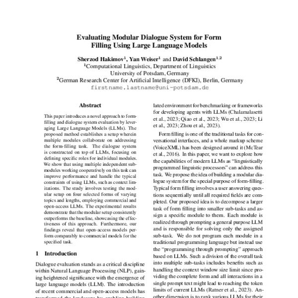 Evaluating Modular Dialogue System For Form Filling Using Large Language Models Acl Anthology