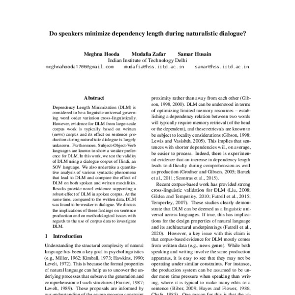 Do Speakers Minimize Dependency Length During Naturalistic Dialogue Acl Anthology