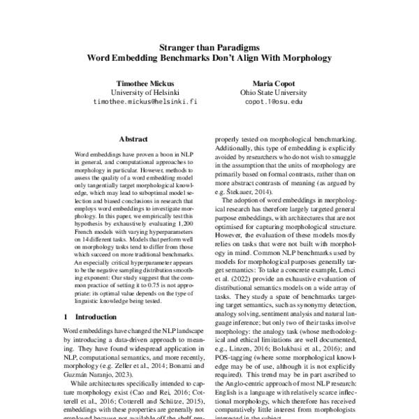 Stranger Than Paradigms Word Embedding Benchmarks Dont Align With Morphology Acl Anthology