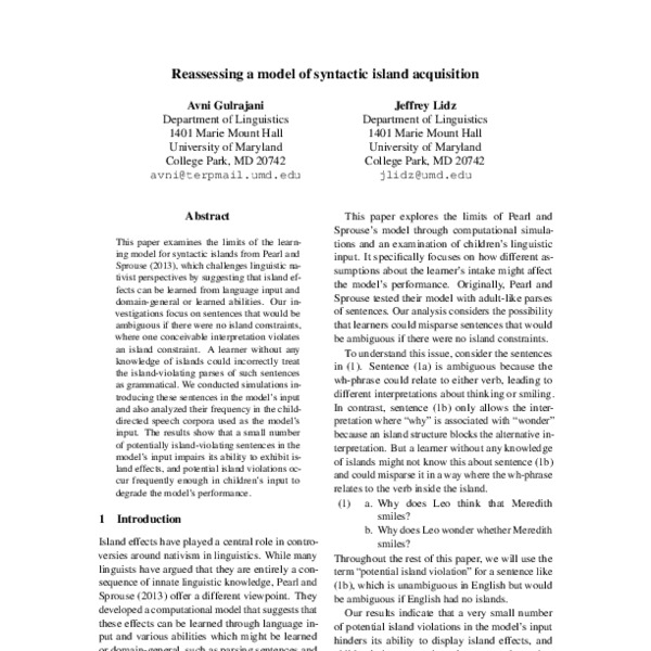 Reassessing a model of syntactic island acquisition - ACL Anthology