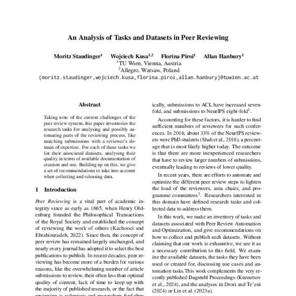 An Analysis Of Tasks And Datasets In Peer Reviewing Acl Anthology