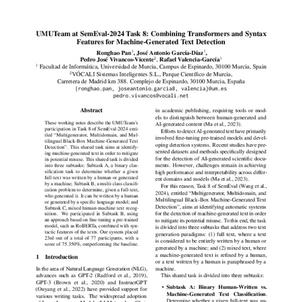 UMUTeam at SemEval-2024 Task 8: Combining Transformers and Syntax Features for Machine-Generated ...