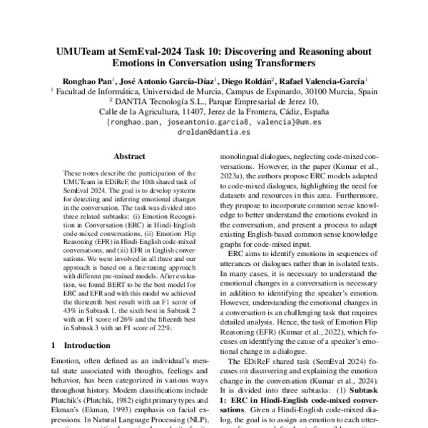 UMUTeam at SemEval-2024 Task 10: Discovering and Reasoning about Emotions in Conversation using ...