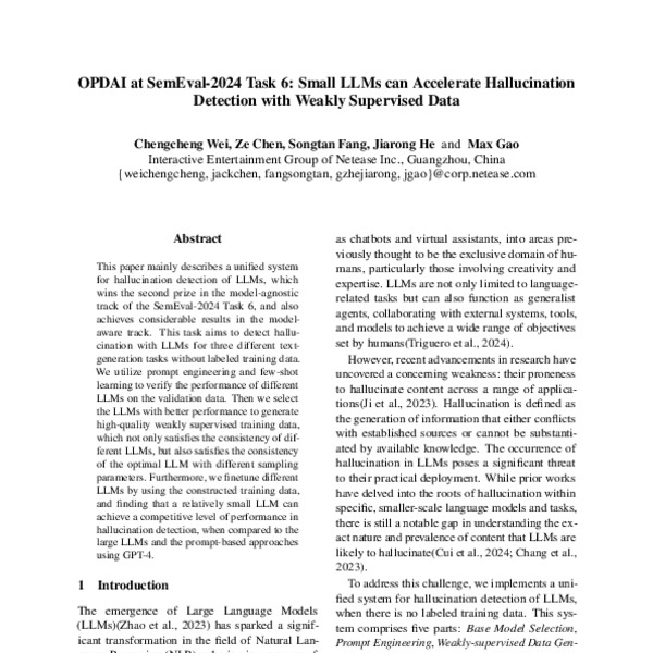 OPDAI at SemEval-2024 Task 6: Small LLMs can Accelerate Hallucination Detection with Weakly ...
